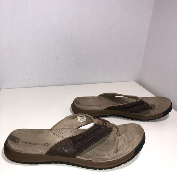 Merrell | Shoes | Merrell Traveler Tilt Brown Leather Thong Flip Flop ...